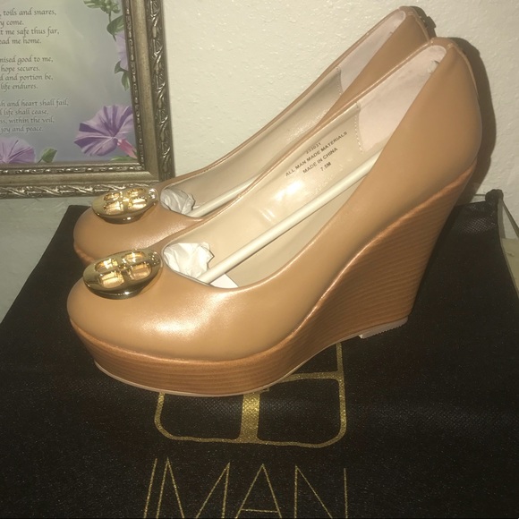 IMAN | Shoes | Iman Camel Stiletto Gold Logo Platform Wedge Heels ...
